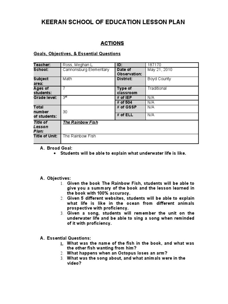 The Rainbow Fish Lesson Plan | Reading Comprehension | Learning