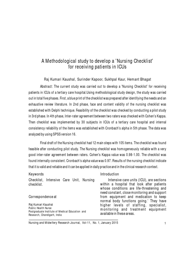 Nursing Check List | Download Free PDF | Intensive Care Unit | Clinical ...