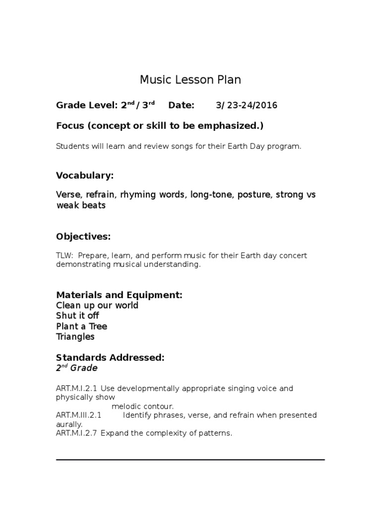 Music Lesson Plan: Grade Level: 2 / 3 Date: 3/ 23-24/2016 Focus ...