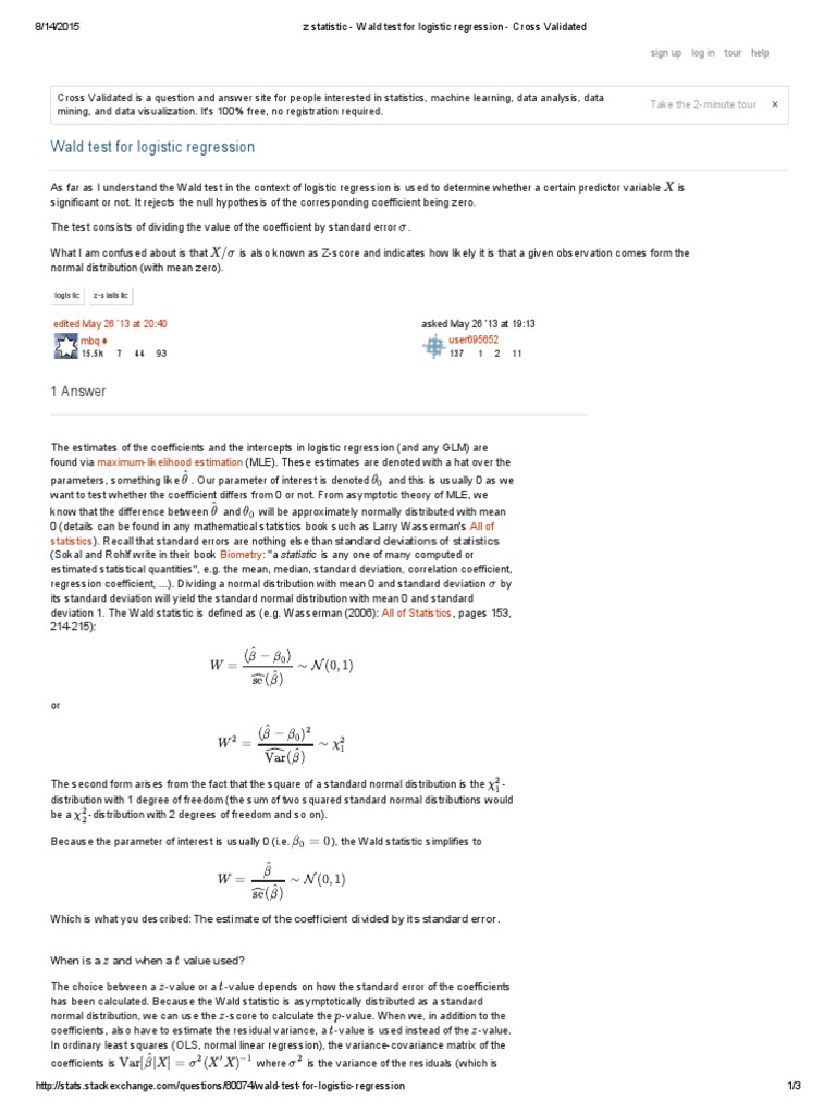 Z Statistic Wald Test For Logistic Regression Cross Validated Errors And Residuals