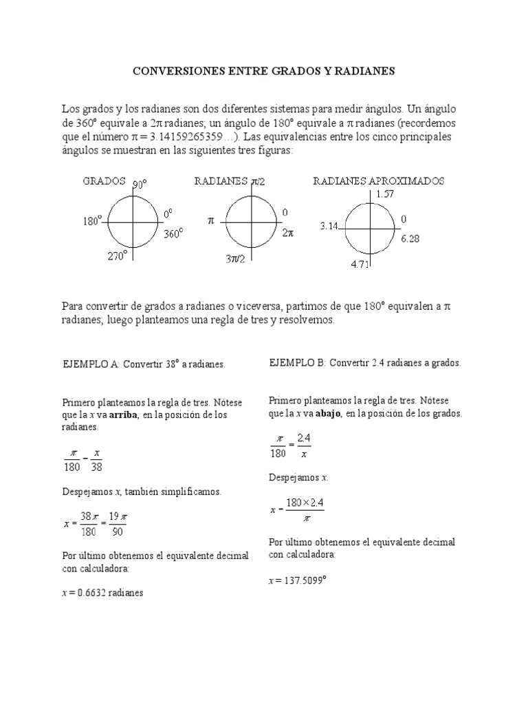 Conversiones Entre Grados y Radianes | Trigonometría | Geometría ...