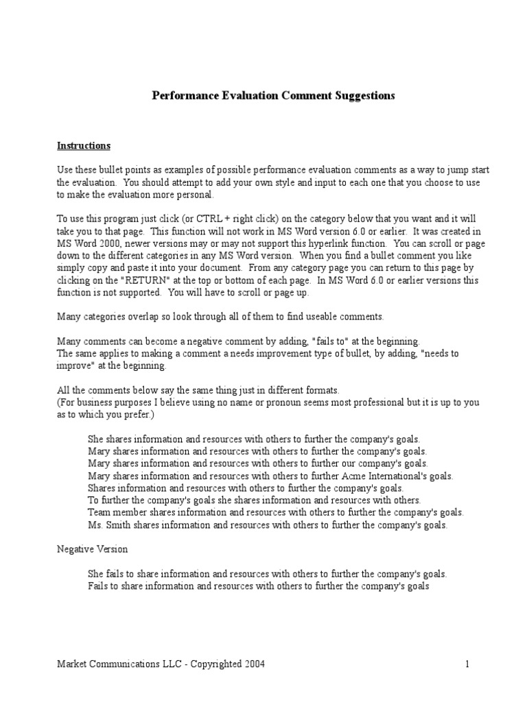 Performance Evaluation Comments | PDF | Leadership | Sales