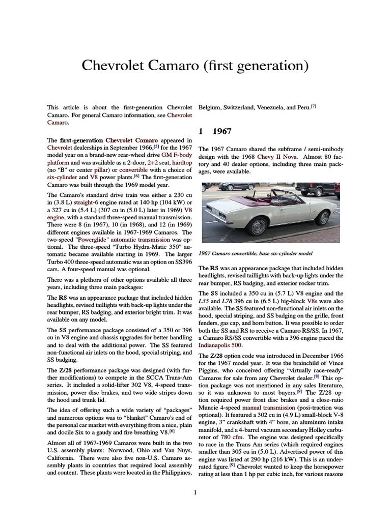 Chevrolet Camaro First Generation | PDF | Coupes | Sports Cars