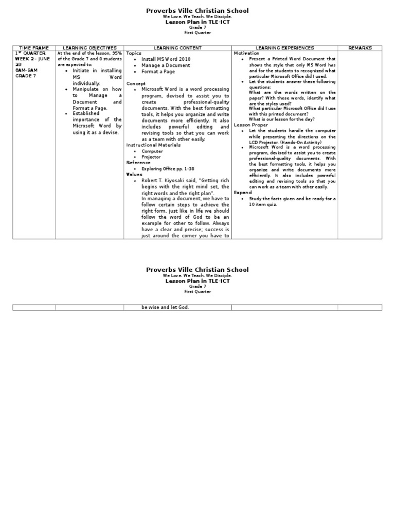 Grade 7 TLE-ICT Lesson Plan Q1 | PDF | Lesson Plan | Microsoft Word