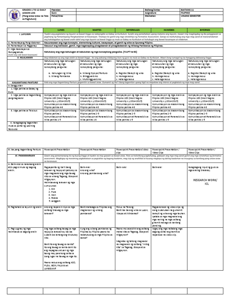 Grades 11 Filipino DLL | PDF