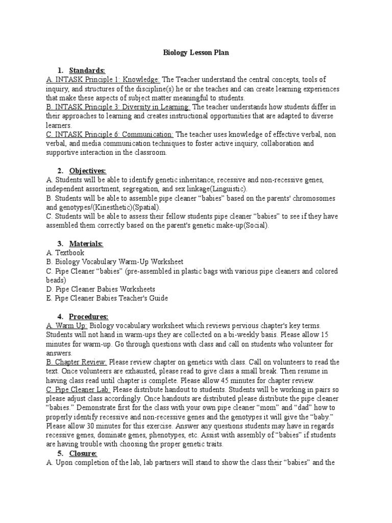 Biology Lesson Plan 1. Standards | PDF | Lesson Plan | Genetics