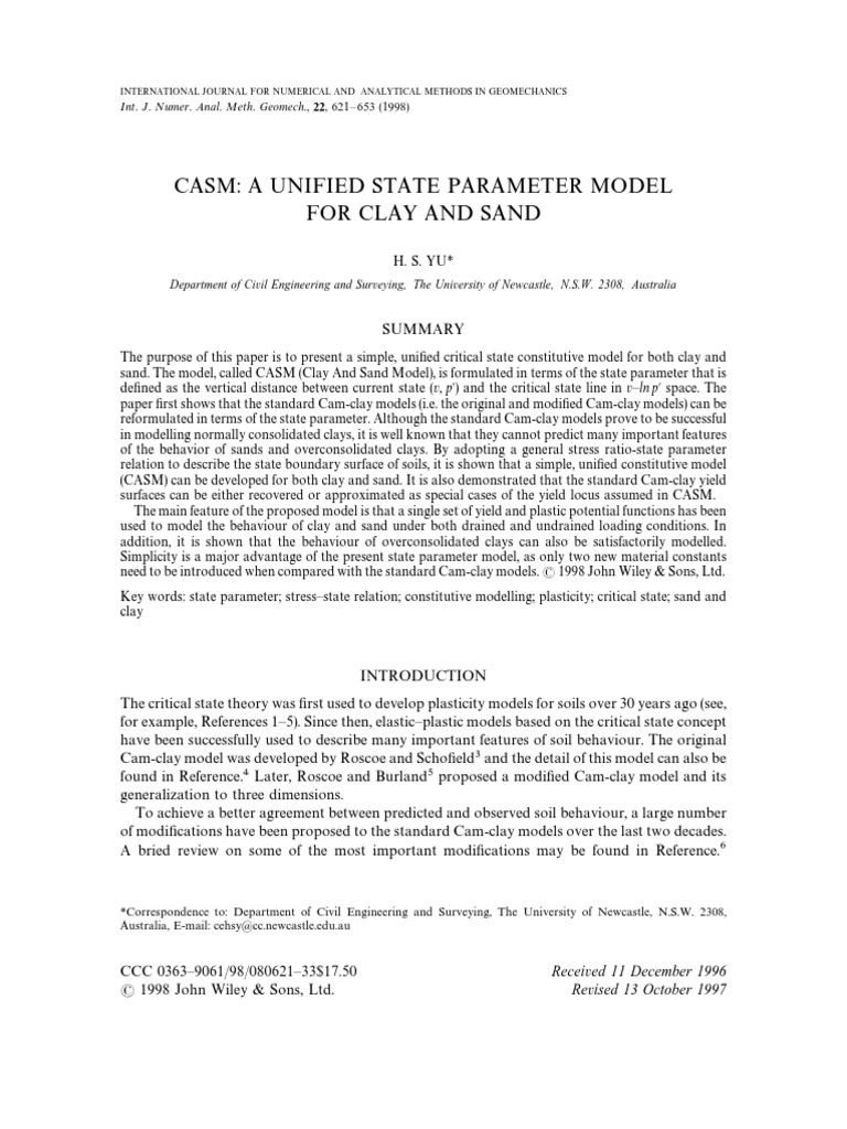 Casm A Unified State Parameter Model For Clay and Sand | Download Free PDF | Plasticity (Physics ...