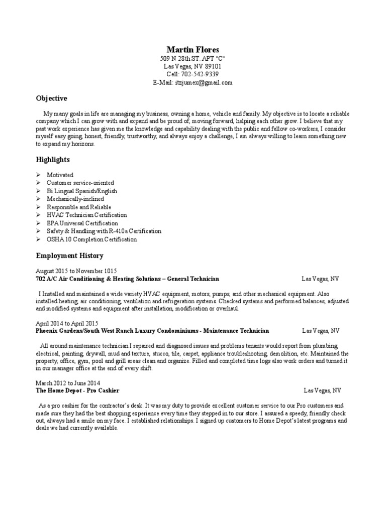 HVAC RESUME TECHNICIAN EXAMPLE | Hvac | Air Conditioning