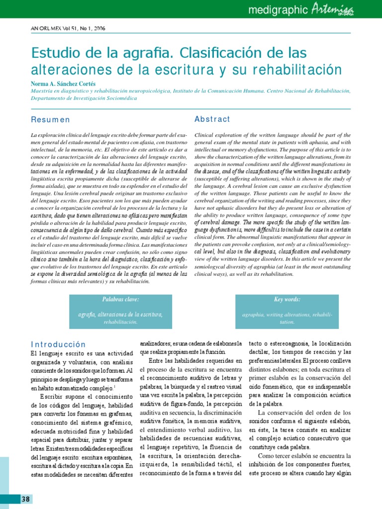 Estudio de La Agrafia. Clasificación y Mas PDF | PDF | Afasia | Palabra