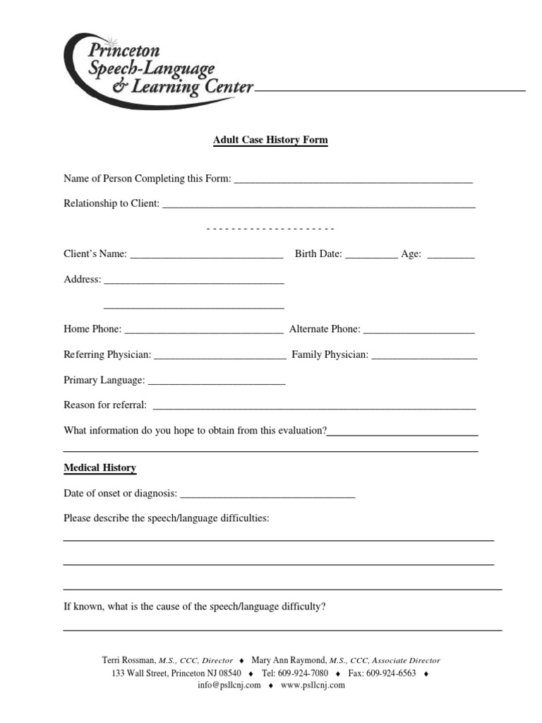 Adult Case History Form2 | PDF | Stroke | Patient