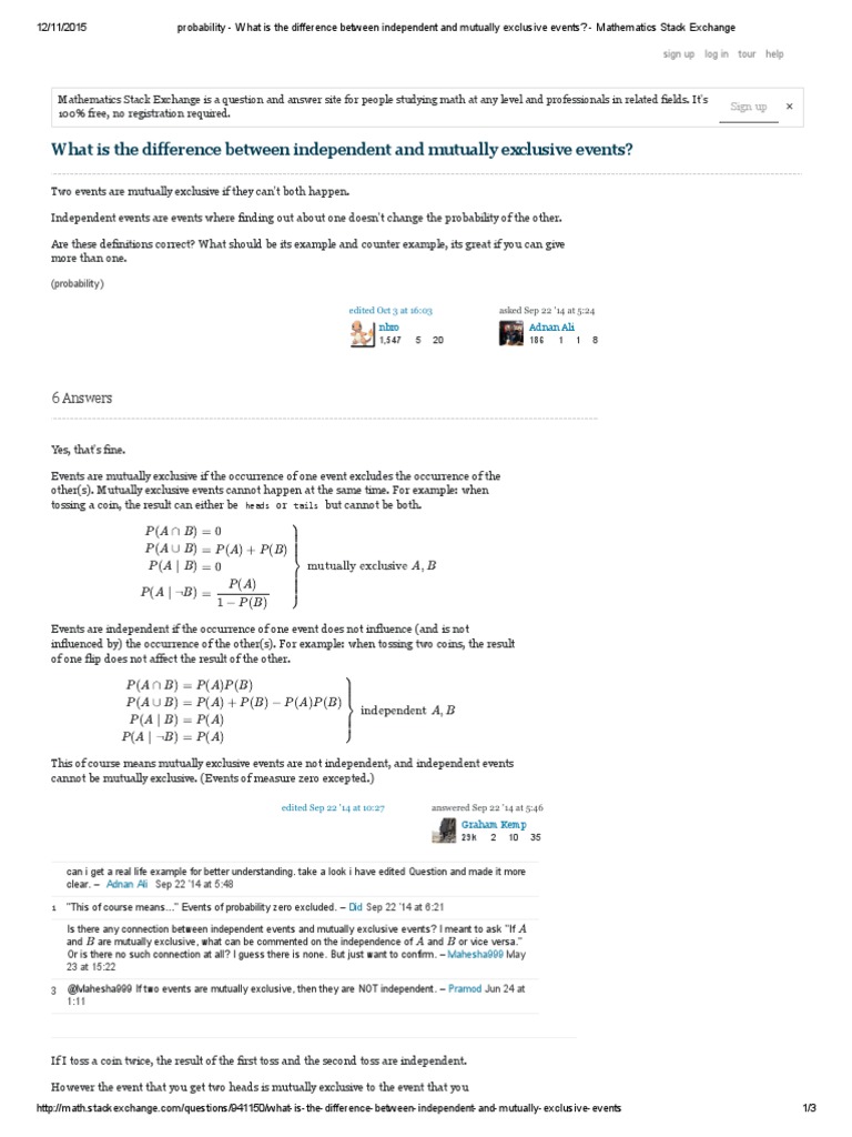 Probability - What Is The Difference Between Independent and Mutually ...