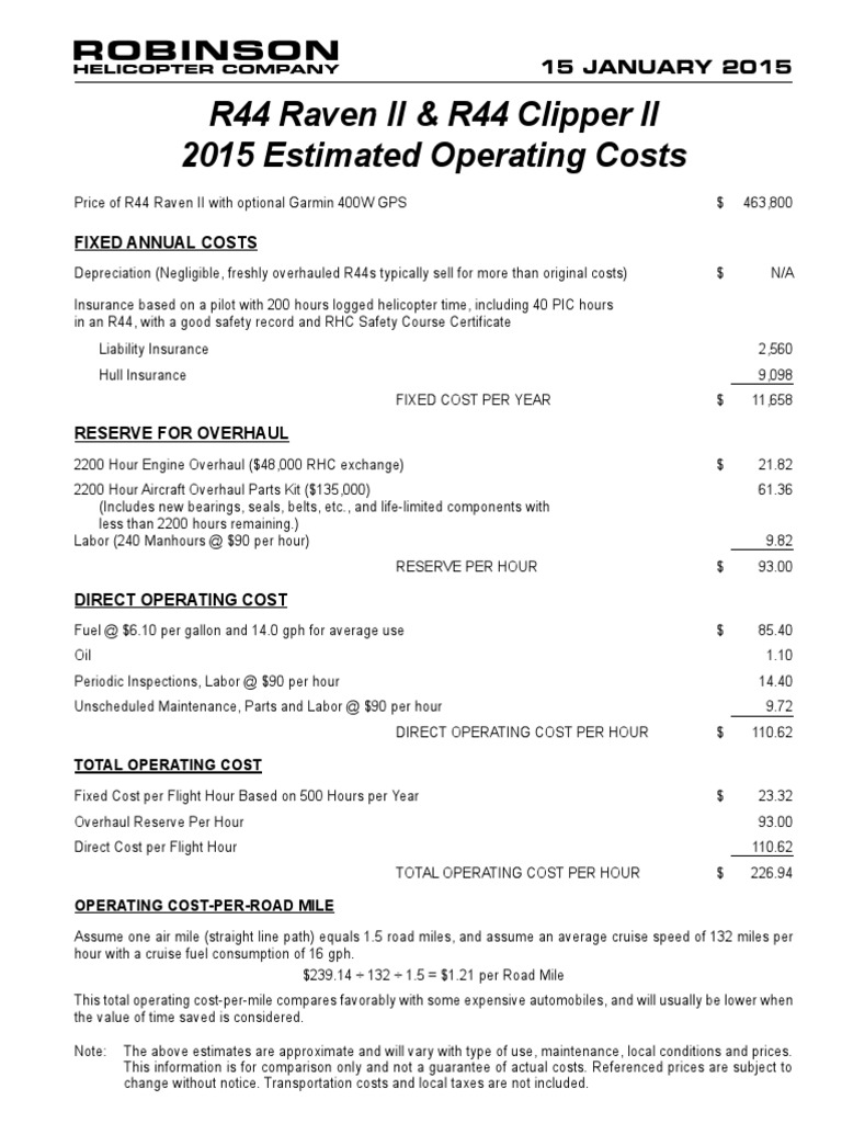 R44 Estimated Operating Costs | PDF | Insurance | Cost