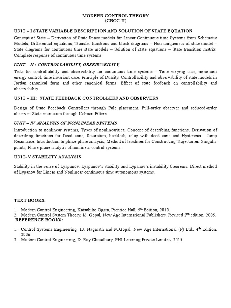 Modern Control Theory Syllabus | Download Free PDF | Stability Theory ...