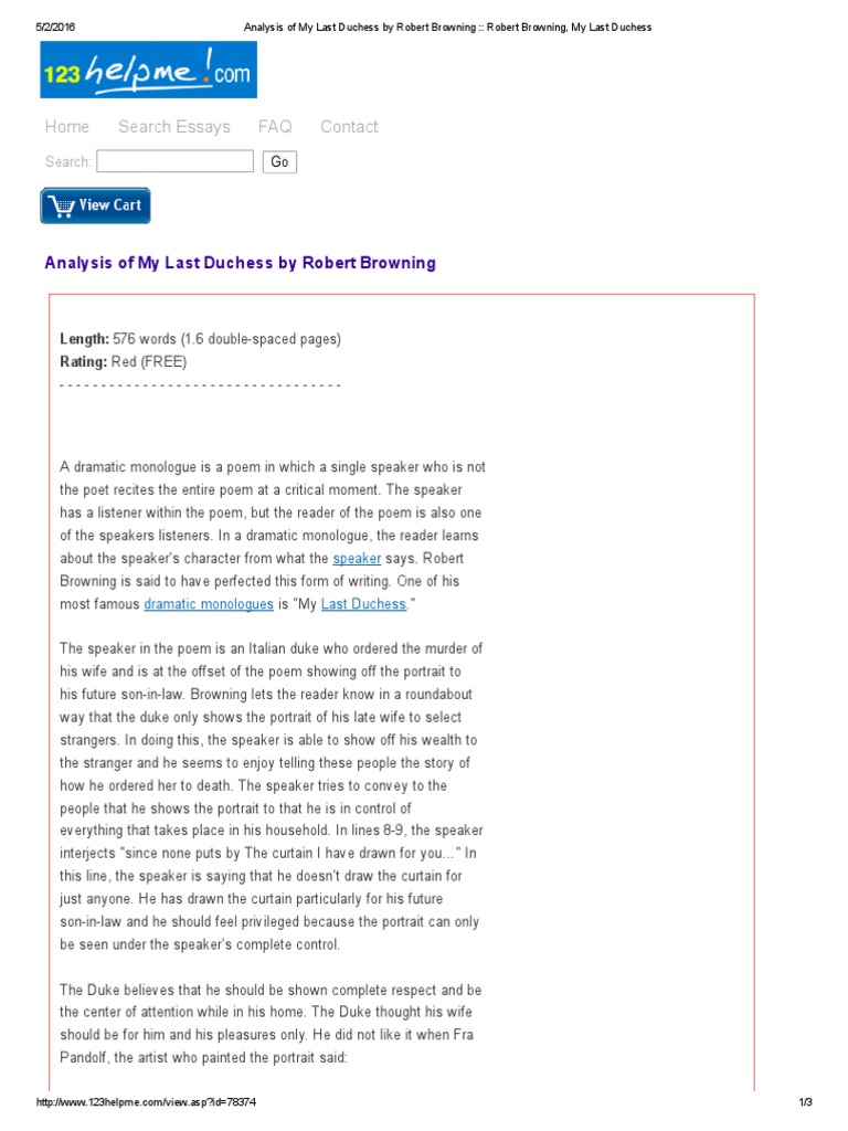 Analysis of My Last Duchess by Robert Browning - Robert Browning, My ...