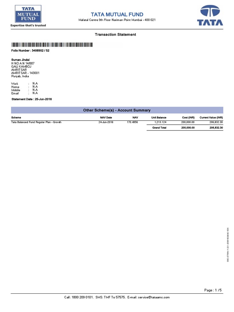 Tata Mutual Fund: Transaction Statement | PDF