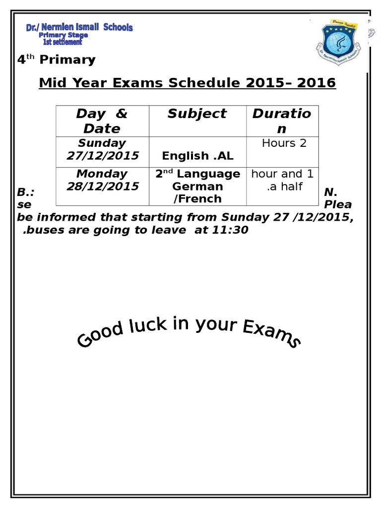 Mid Year Exams Schedule 2015 - 2016: Duratio N Subject Day & Date | PDF ...