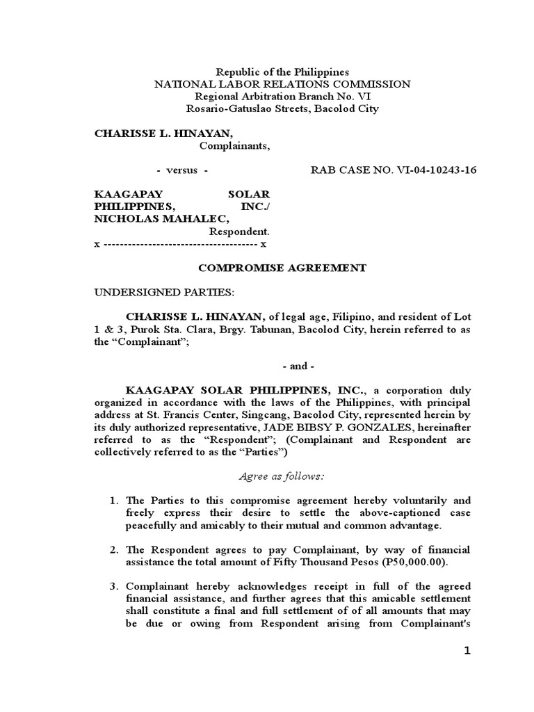 Compromise Agreement - Labor Case | Arbitration | Legal Concepts