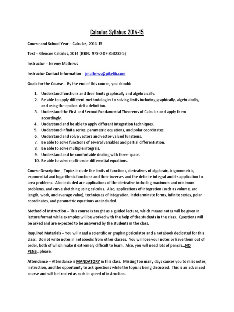 Calculus Syllabus | PDF | Integral | Derivative