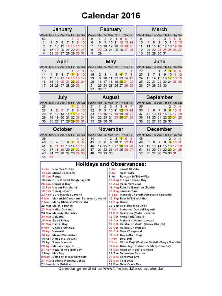 Year 2016 Calendar - India | PDF