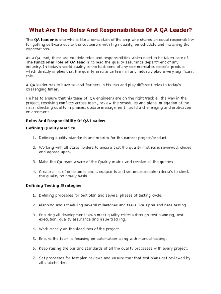 What Are The Roles and Responsibilities of A QA Leader | PDF | Quality ...