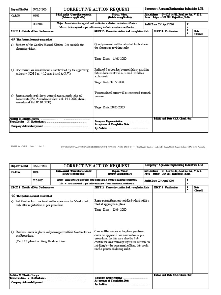 Corrective Action Request: Company: Agrasen Engineering Industries LTD ...