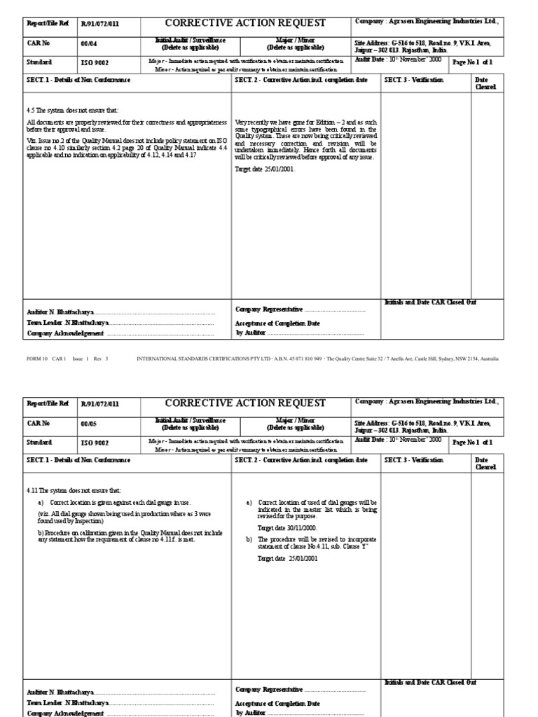 Corrective Action Request: R/91/072/011 Company: Agrasen Engineering ...