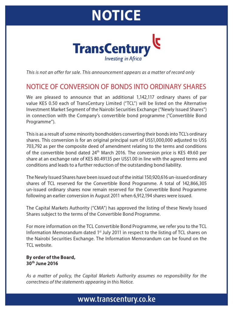 TransCentury Ltd. - Notice of Conversion of Bonds Into Ordinary Shares ...