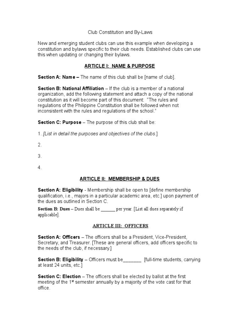 Sample Club Constitution and Bylaws Guidelines | PDF | By Law | Committee