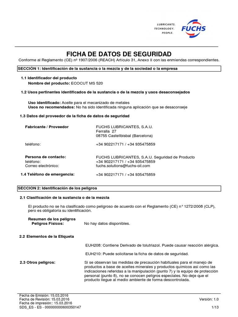 Sds Ecocut Ms 520 Es Es | PDF | Contaminación | Toxicidad