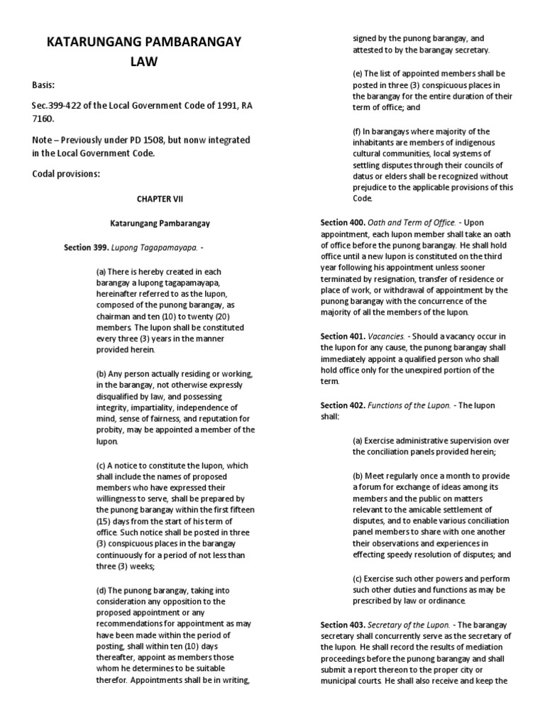 Overview of Katarungang Pambarangay Law | PDF | Settlement (Litigation ...