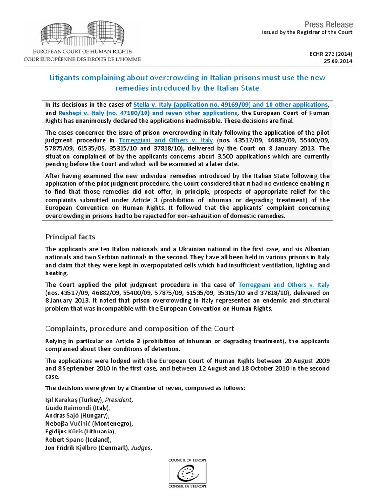 Decisions Stella v. Italy and Other Applications and Rexhepi v. Italy ...