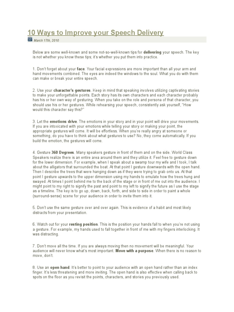 10 Ways To Improve Your Speech Delivery | PDF | Public Speaking | Body ...