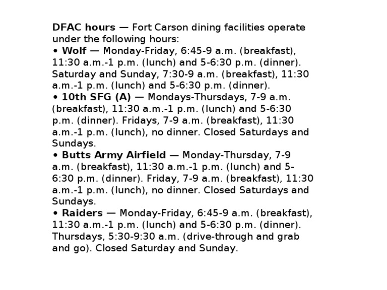 DFAC Hours | PDF | Dinner | Meal