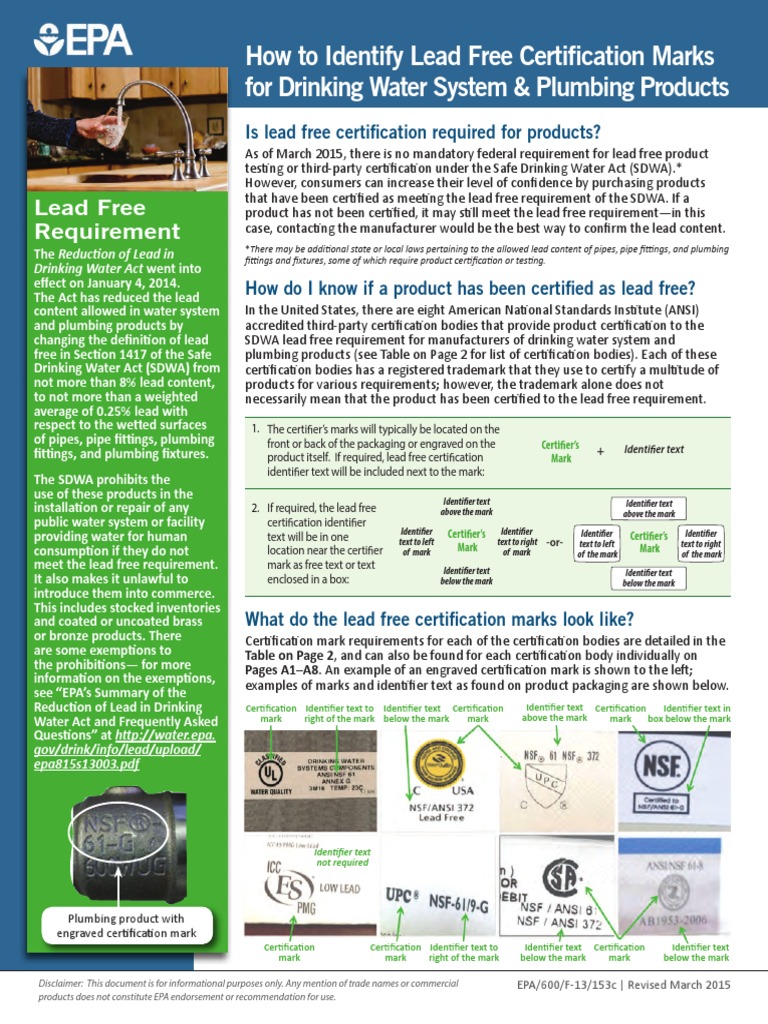 Lead Free Certification Marks | PDF | Plumbing | Pipe (Fluid Conveyance)