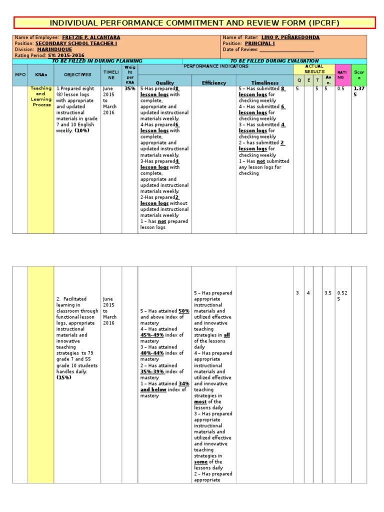 Individual Performance Commitment and Review Form (Ipcrf) : To Be Filled in During Planning To ...