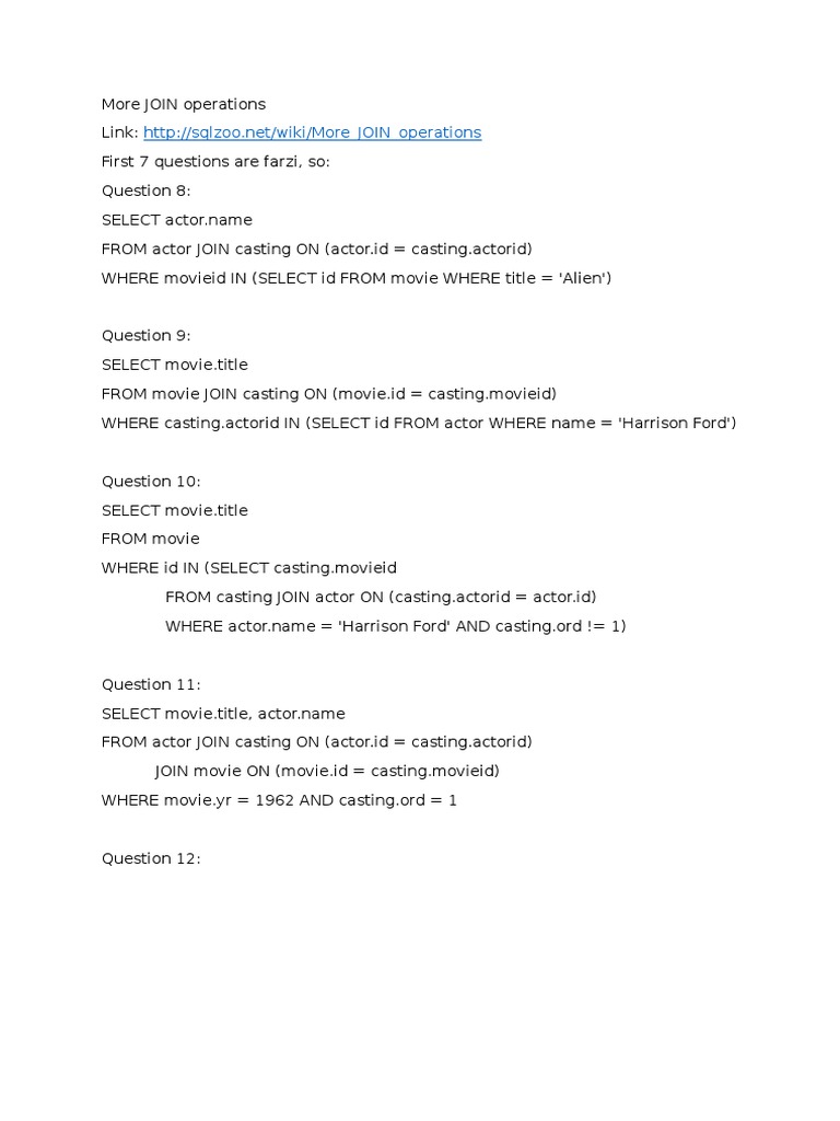 SQL Tutorial 7 Solutions - SQLZOO | PDF