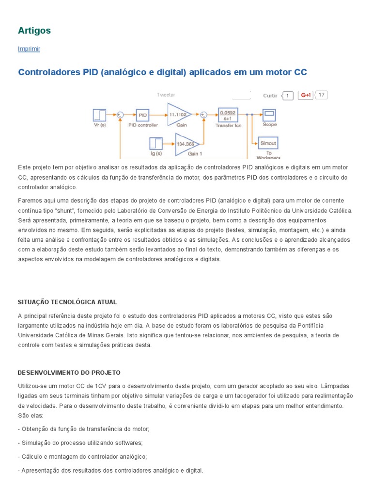 Controladores PID (Analógico e Digital) Aplicados em Um Motor CC ...