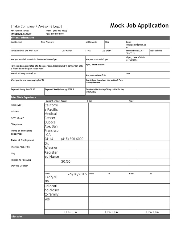 Mock Job Application: (Fake Company / Awesome Logo) | PDF