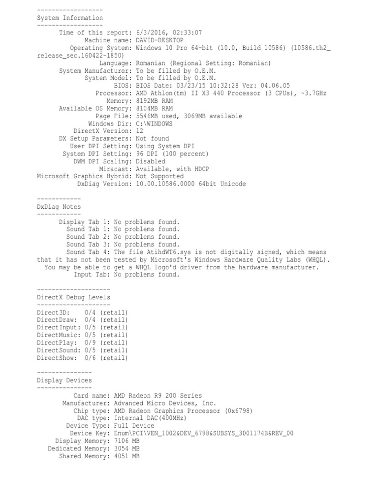 Dxdiag File | Download Free PDF | Computer Hardware | Electronic Engineering