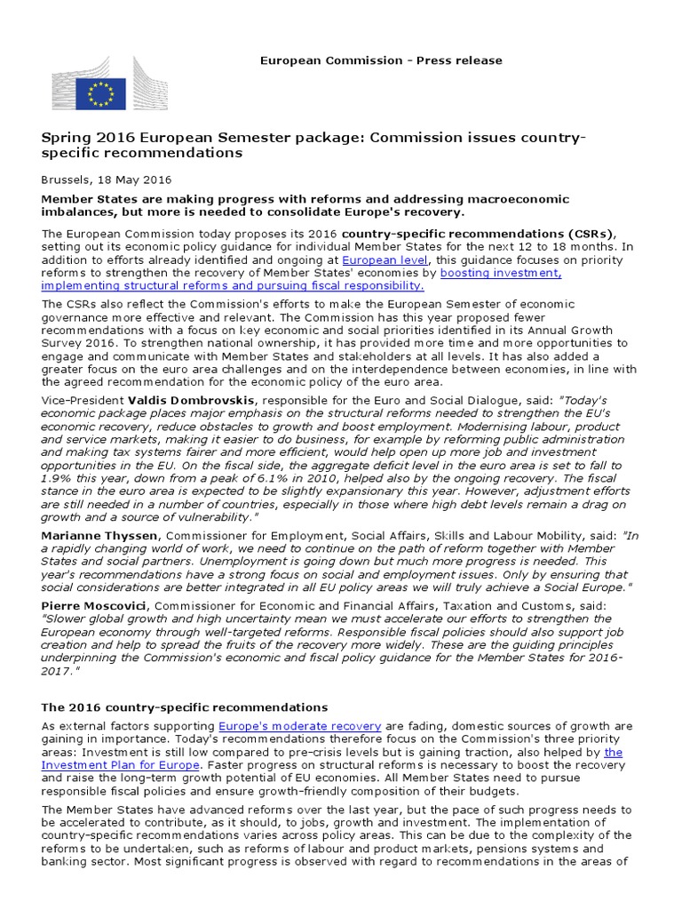 Spring 2016 European Semester Package: Commission Issues Country ...