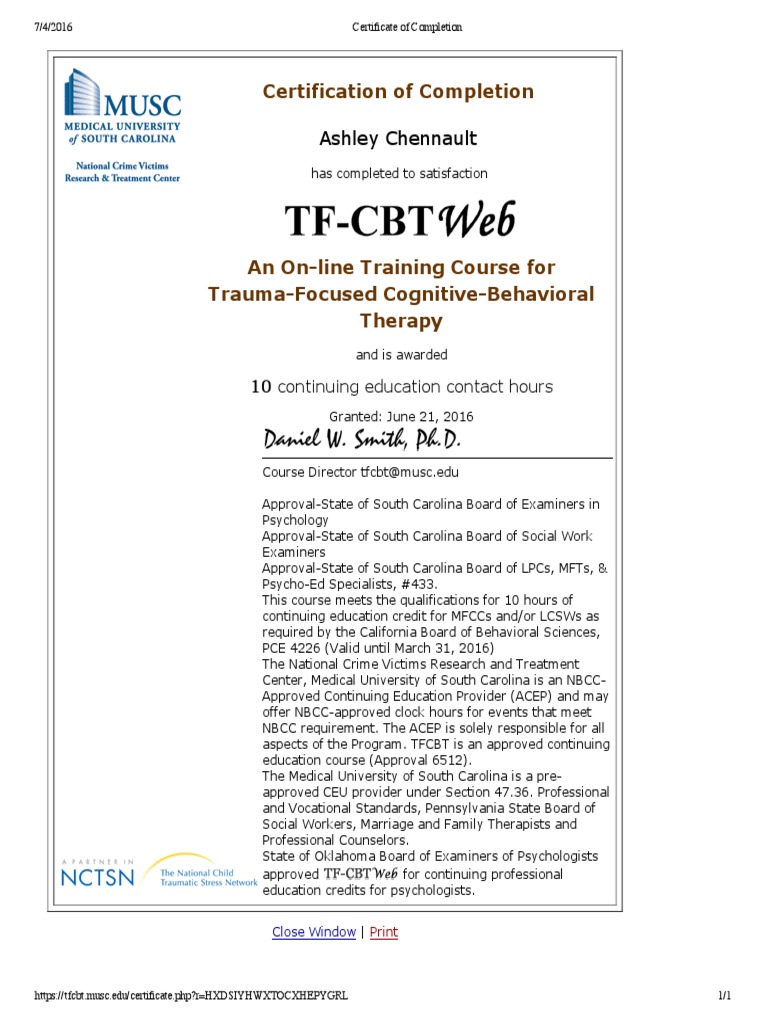 Trauma-Focused CBT Completion Certificate | PDF | Science & Mathematics
