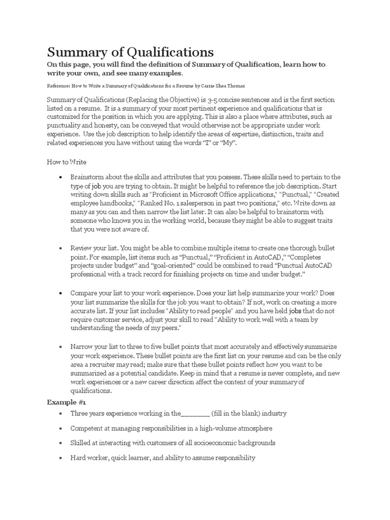 Summary of Qualifications | PDF | Competence (Human Resources ...