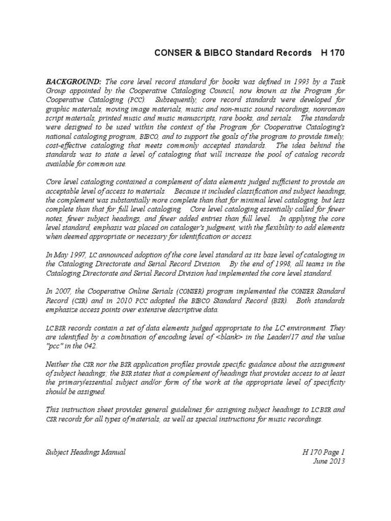 H0170 CONSER & BIBCO Standard Records | PDF | Cataloging | Information ...