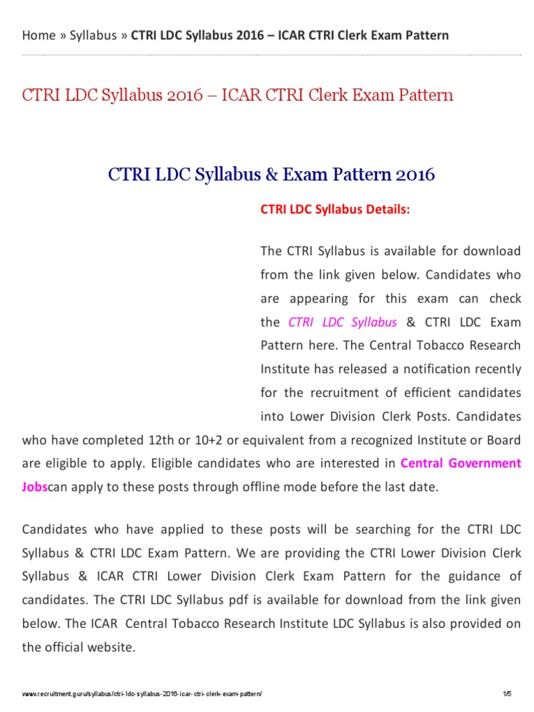 CTRI LDC Syllabus PDF - CTRI Lower Division Clerk Pattern | PDF ...