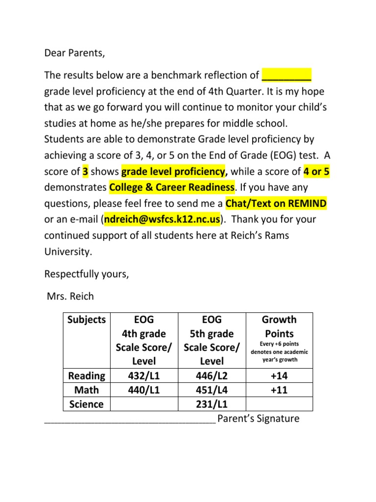 Eog Results Parent Letter - Reich | PDF