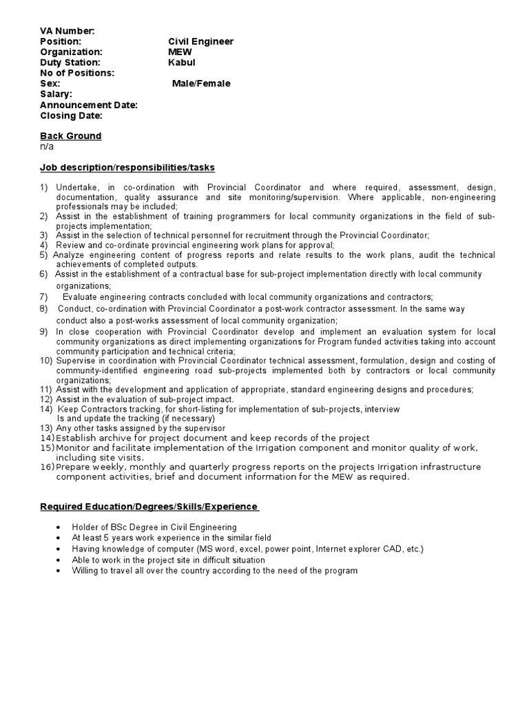 ToR For Civil Engineer | PDF | Engineering | Educational Assessment