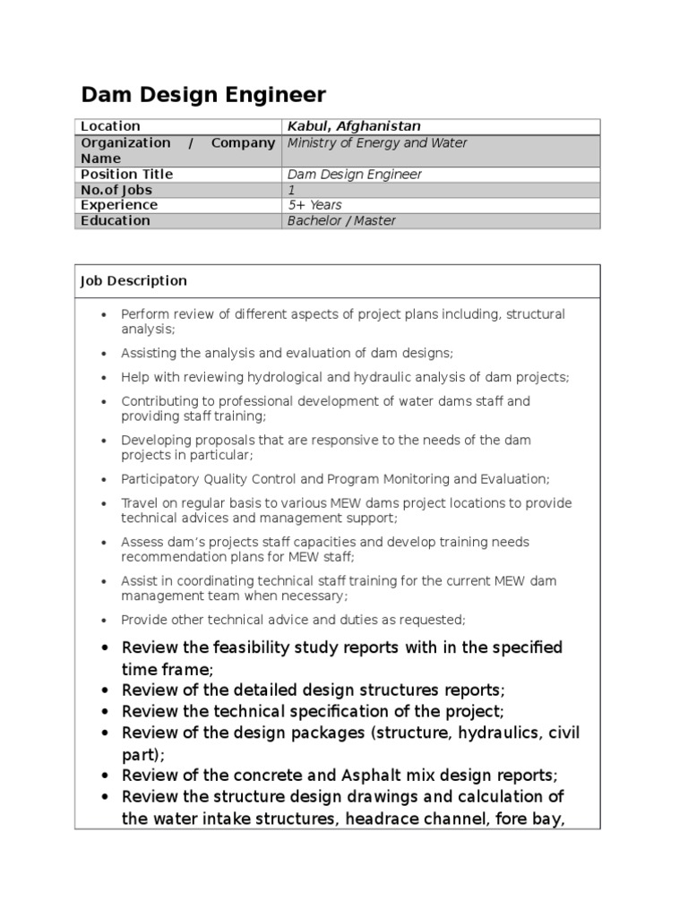 ToR For Dam Design Engineer | PDF | Dam | Civil Engineering