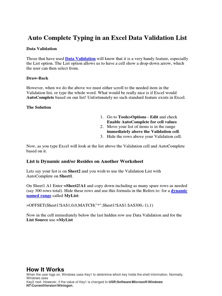 Auto Complete Typing in An Excel Data Validation List | PDF | Windows Registry | Shell (Computing)