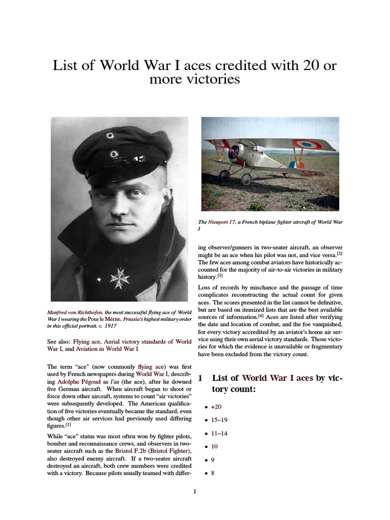 0 WW1 Aces - List of World War I Aces Credited With 20 or More ...