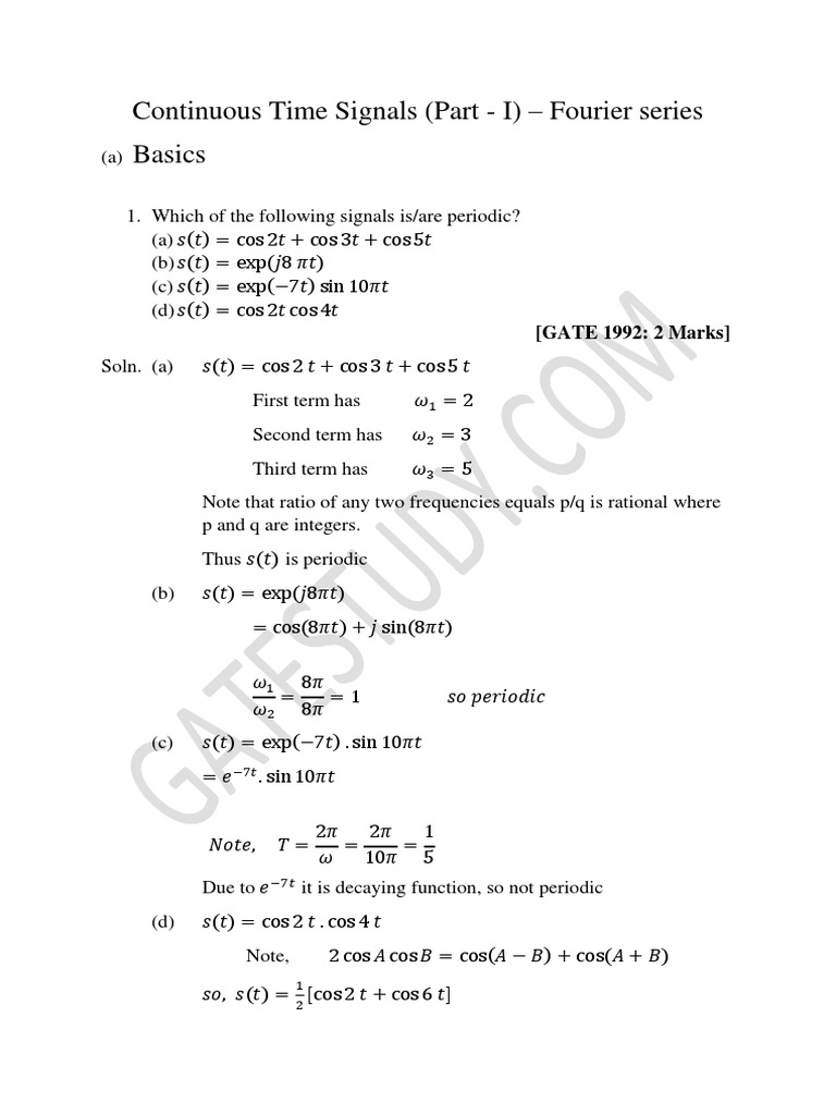 Continuous Time Signals Part I Fourier Series | PDF | Trigonometric Functions | Sine